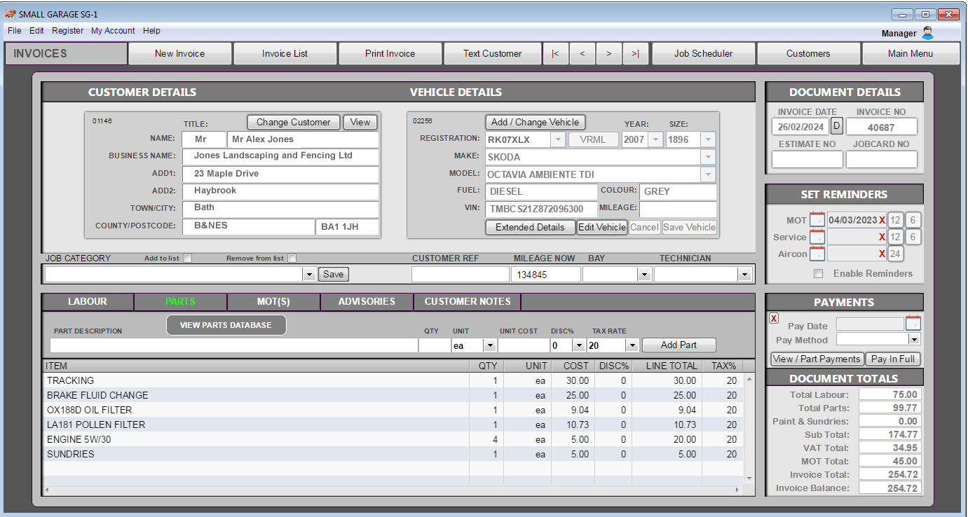 Garage Management Software, Small Garage SG1